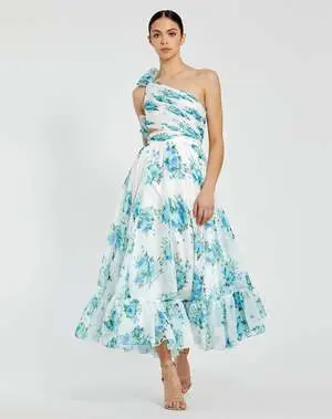 Mac Duggal Floral-printed Chiffon One Shoulder Midi Dress