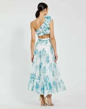 Mac Duggal Floral-printed Chiffon One Shoulder Midi Dress