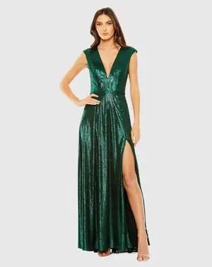 Mac Duggal Metallic Jersey Gown With V-neck And Slit