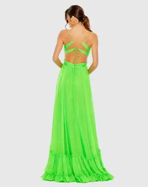 Mac Duggal Ruched Tiered Spaghetti Strap Gown - Lime