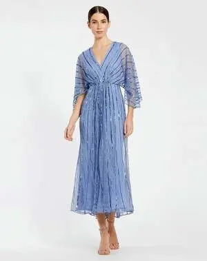 Mac Duggal Beaded Kimono V-neck Empire Midi Dress