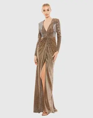Metallic Bronze Plunge Long Sleeve Gown