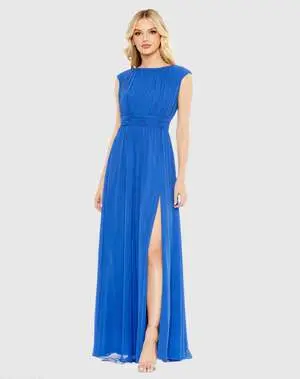 Mac Duggal Pleated Bateau Cap Sleeve A-line Gown