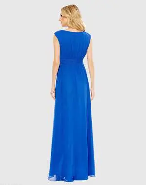 Mac Duggal Pleated Bateau Cap Sleeve A-line Gown