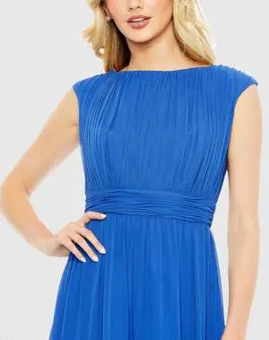 Mac Duggal Pleated Bateau Cap Sleeve A-line Gown