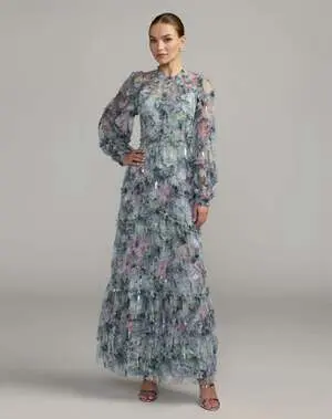 Mac Duggal Floral-printed Chiffon Maxi Gown - Platinum Multi