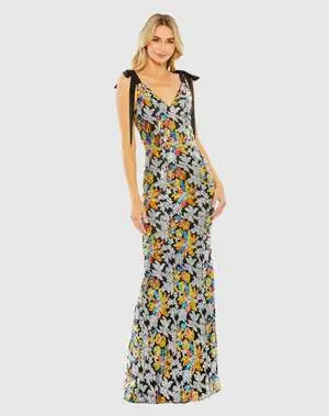 Mac Duggal Embellished Bow Strap V Neck Column Gown