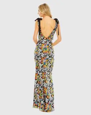 Mac Duggal Embellished Bow Strap V Neck Column Gown