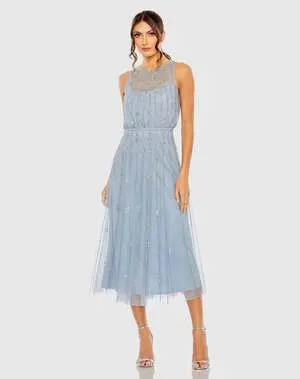 Mac Duggal High Neck Embellished A-line Cocktail Dress - Blue