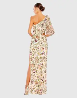 Mac Duggal Floral Embellished One-shoulder Gown