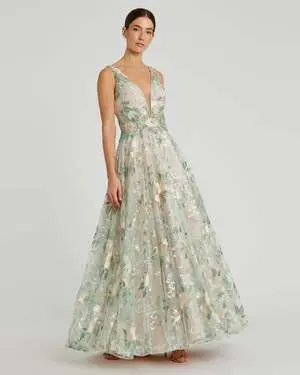Mac Duggal Floral Embroidered Illusion V-neck Gown