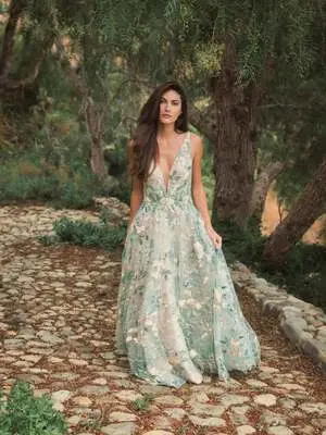 Mac Duggal Floral Embroidered Illusion V-neck Gown