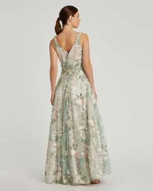 Mac Duggal Floral Embroidered Illusion V-neck Gown