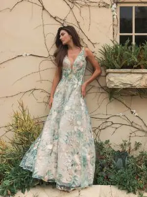 Mac Duggal Floral Embroidered Illusion V-neck Gown
