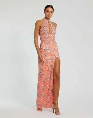 Mac Duggal Embellished High Neck Gown With Slit