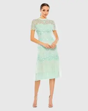 Mac Duggal Embroidered Ruffled Cap Sleeve Midi Dress
