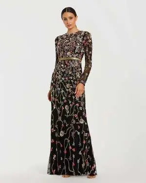 Mac Duggal Embellished Mesh Long Sleeve Gown
