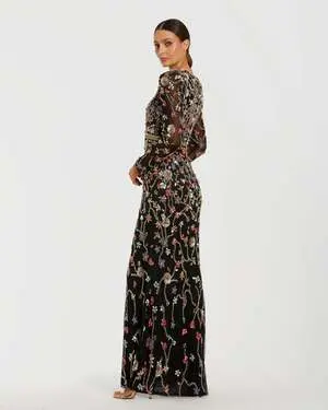 Mac Duggal Embellished Mesh Long Sleeve Gown
