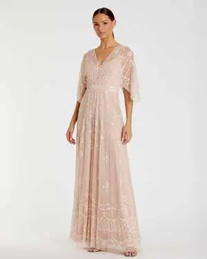 Mac Duggal Embellished Mesh Gown With Flounce Sleeves - Blush