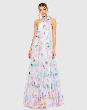 Mac Duggal Floral Print Asymmetrical Halter Neck Tiered Gown - Multi