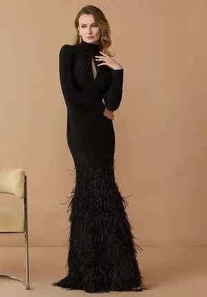 MAC DUGGAL COLLECTION Long Sleeve Feather Trim Gown