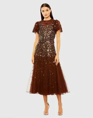 Mac Duggal High Neck Flutter Sleeve Embellished Midi Dress - Brown