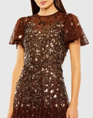 Mac Duggal High Neck Flutter Sleeve Embellished Midi Dress - Brown