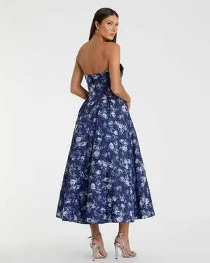 Mac Duggal Strapless Floral Brocade Midi Dress - Blue Multi