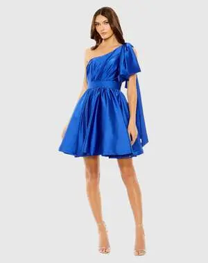 Mac Duggal One-shoulder Bow Satin Mini Dress - Cobalt