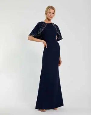 Mac Duggal Fitted Gown With Beaded Shawl - Midnight