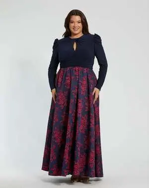 Mac Duggal Floral Bottom Gown With Long Sleeves