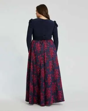 Mac Duggal Floral Bottom Gown With Long Sleeves