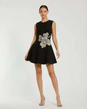 Mac Duggal Sleeveless Crepe Mini Dress With Rhinestone Flower - Black