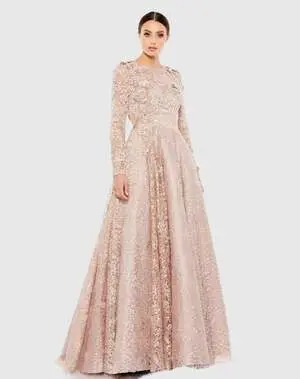 Mac Duggal Embellished Illusion Long Sleeve A-line Gown - Mocha