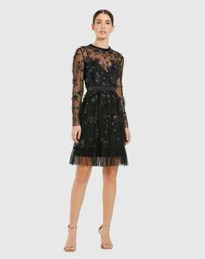 Mac Duggal Embellished Mini Dress With Sheer Long Sleeves