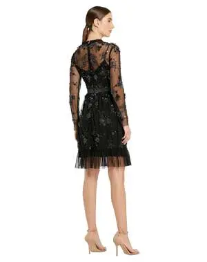 Mac Duggal Embellished Mini Dress With Sheer Long Sleeves