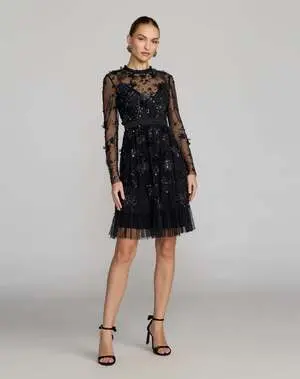 Mac Duggal Embellished Mini Dress With Sheer Long Sleeves - Black