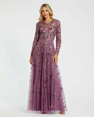 Mac Duggal Beaded Long Sleeve High Neck Gown - Raspberry