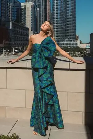 Mac Duggal Brocade Fitted Gown With Bow