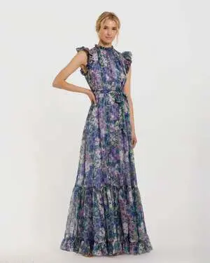 Mac Duggal Floral-printed Chiffon Gown With Ruffle Sleeves