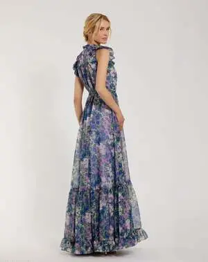 Mac Duggal Floral-printed Chiffon Gown With Ruffle Sleeves