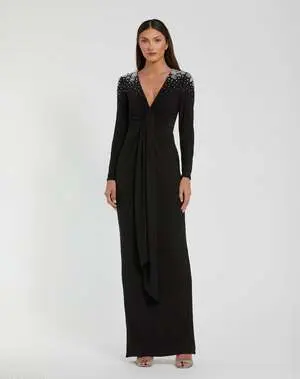 Mac Duggal Jersey Gown With Beaded Shoulders - Black