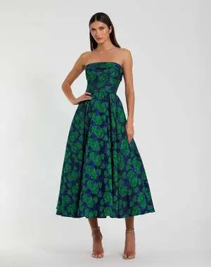Mac Duggal Brocade Strapless A-line Midi Dress - Emerald Multi