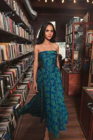 Mac Duggal Brocade Strapless A-line Midi Dress - Emerald Multi
