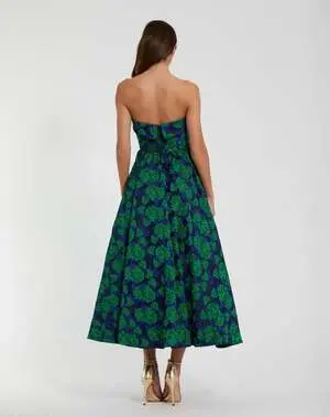 Mac Duggal Brocade Strapless A-line Midi Dress - Emerald Multi
