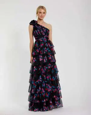Mac Duggal Floral Chiffon One Shoulder Tiered Ruffle Gown