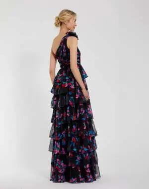 Mac Duggal Floral Chiffon One Shoulder Tiered Ruffle Gown