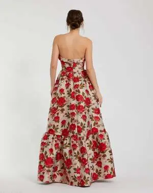 Mac Duggal Brocade Strapless Floral Gown With Ruffle Hem