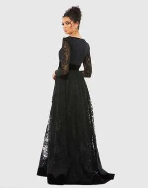 Mac Duggal Lace Long Sleeve V-neck Gown