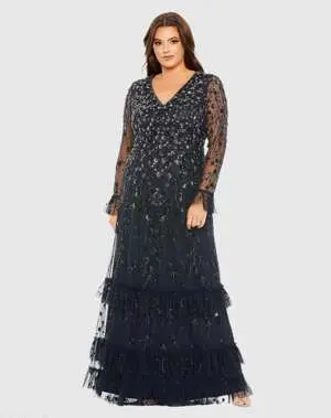 Mac Duggal Embellished V-neck Gown With Flutter Sleeves And Tiered Hem